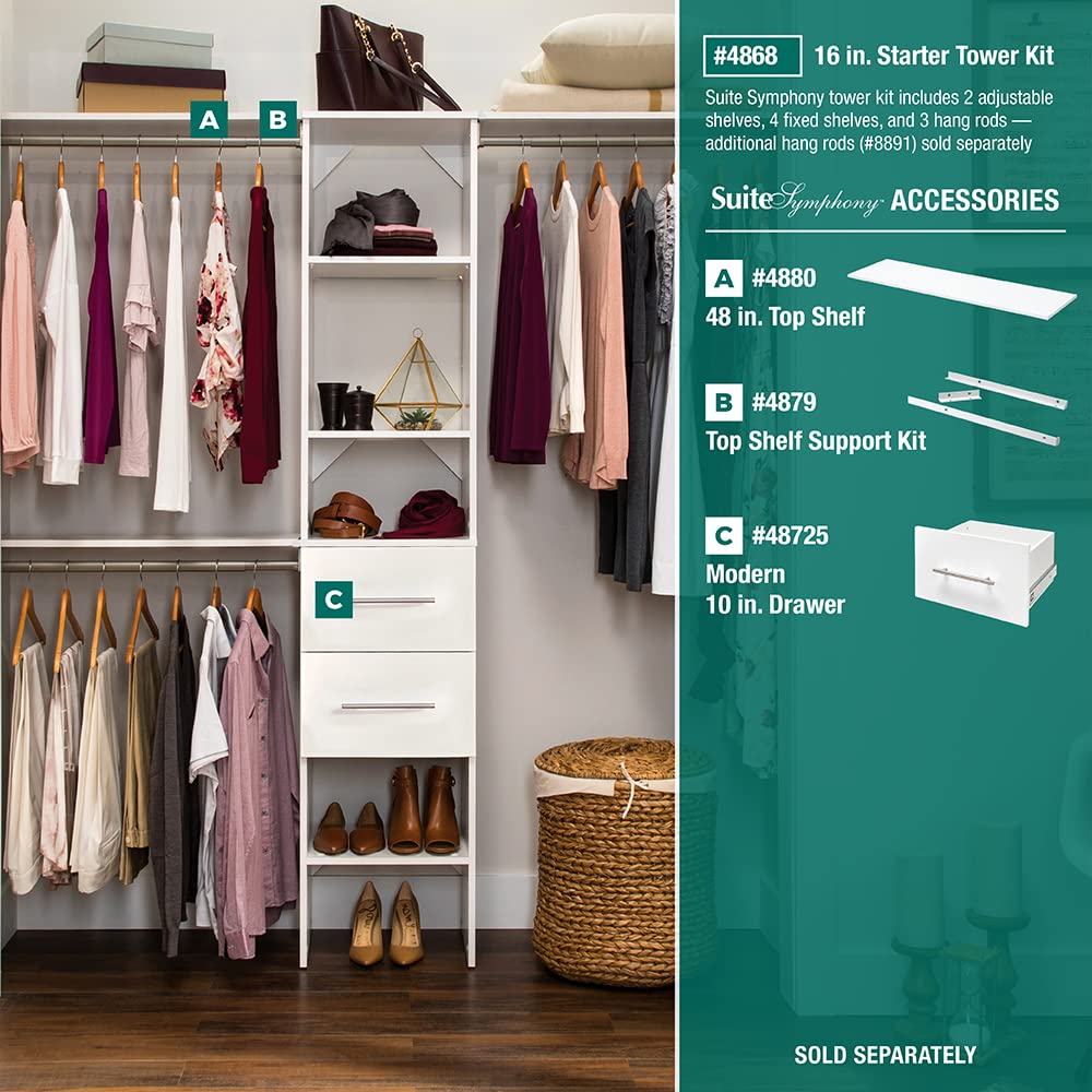 ClosetMaid SuiteSymphony Wood Closet Organizer Starter Kit with Tower and 3 Hang Rods, Shelves, Adjustable, Fits Spaces 4 – 9 ft. Wide, Pure White, 16"