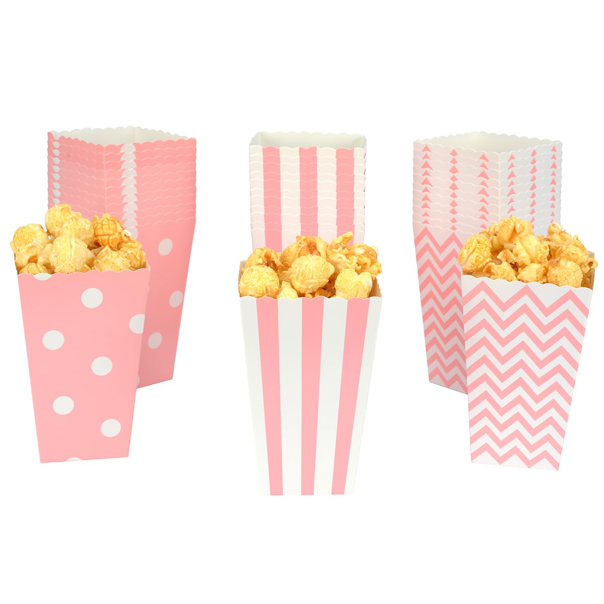 Yuyisto A pack of 36 popcorn boxes suitable for a variety of parties and picnics, including waves, polka dots, stripes three styles. (pink)