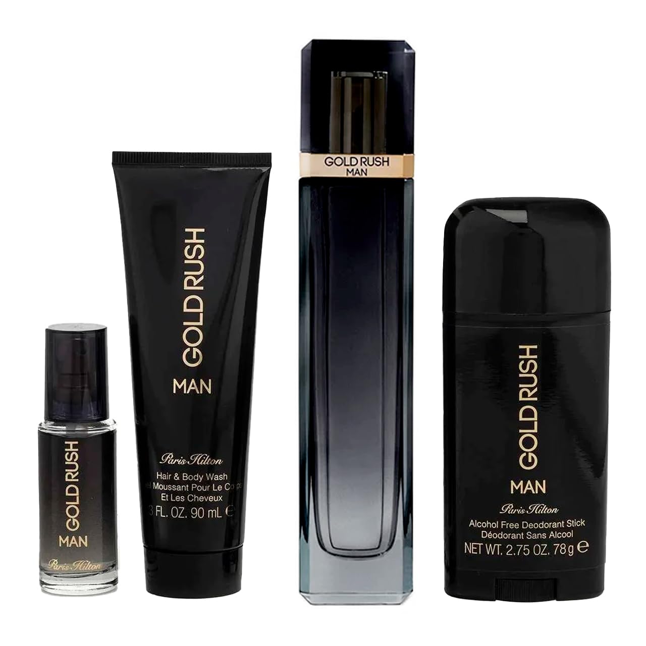 Gold Paris Hilton Gold Rush Man Men 3.4oz EDT Spray, 0.5oz EDT Spray, 3.0oz Hair Body Wash, 2.75oz Alcohol Free Deodorant Stick 4 Pc Gift Set , I0082720
