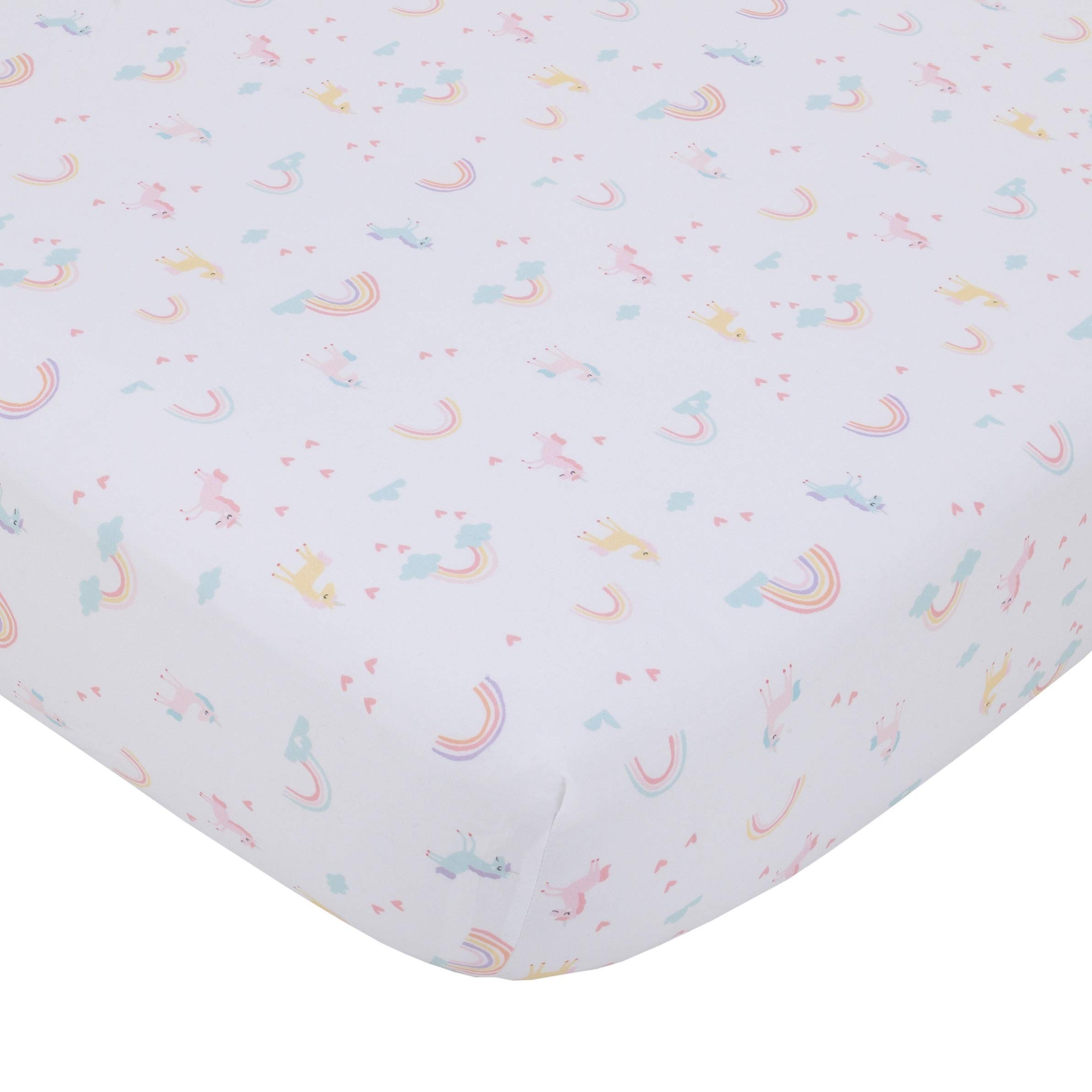 Little Love by NoJo Rainbow Unicorn Pink, Aqua, Yellow and White 3 Piece Mini Crib Bedding Set - Comforter and 2 Fitted Mini Crib Sheets