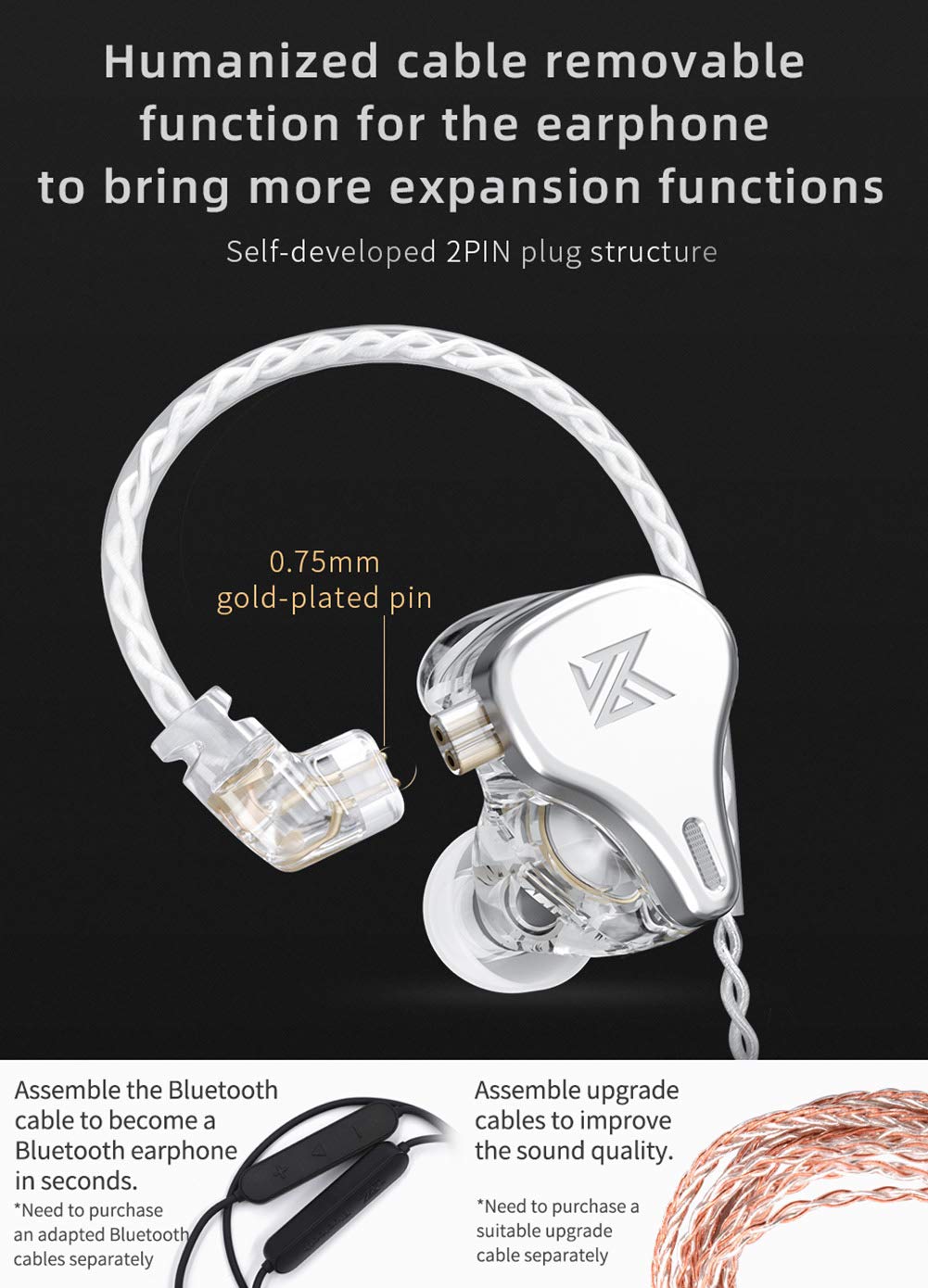 KZ DQ6 Array type three-unit dynamic in-Ear Headphone, HIFI Stereo Noise Isolating Sport IEM Wired Earphones/Earbuds/Headphones with Detachable Cable (without Mic, Grey)