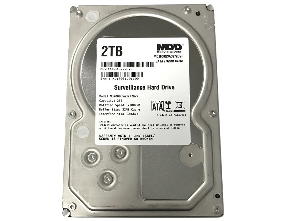 MaxDigitalData 2TB 32MB Cache 7200PM SATA 3.0Gb/s 3.5inch Internal Surveillance CCTV DVR Hard Drive (MD2000GSA3272DVR) (Renewed)