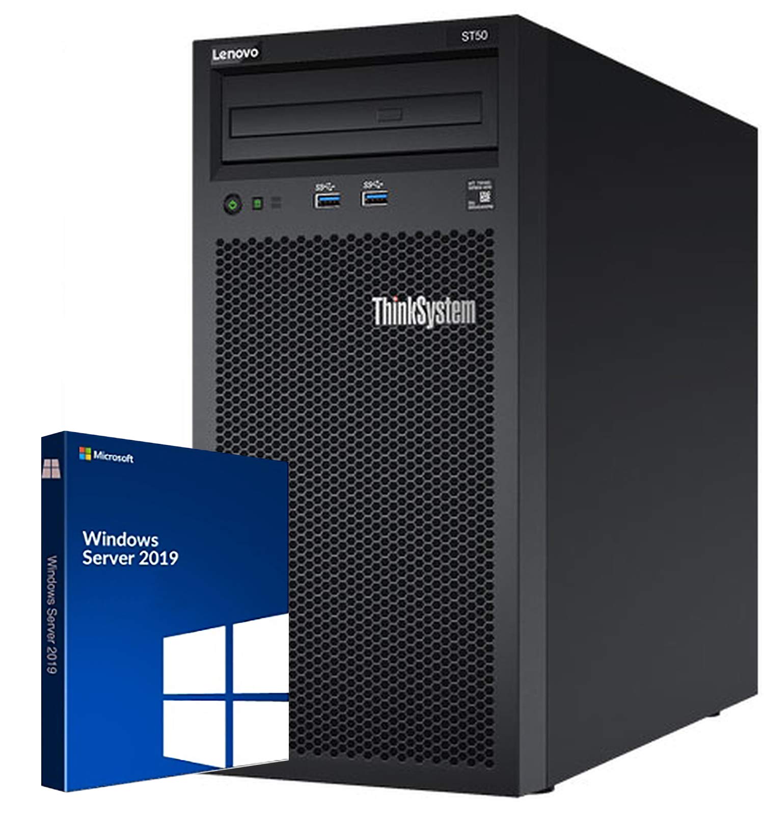 Lenovo ThinkSystem ST50 Tower Server Bundle Including Windows Server 2019, Intel Xeon 3.4GHz CPU, 64GB DDR4 2666MHz RAM, 12TB HDD Storage, JBOD RAID