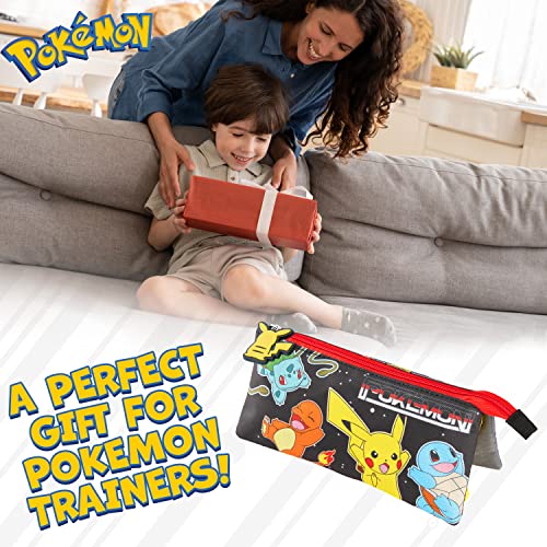 Pokemon Pencil Case for Boys and Girls - Pikachu School Supplies - Triple Compartment Pencil Pouch - Anime Gifts