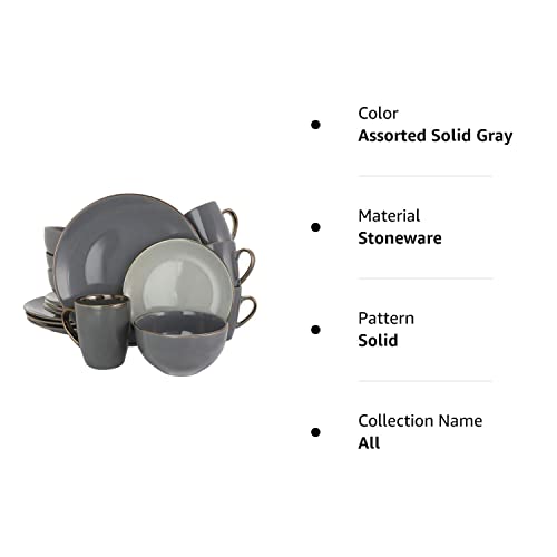 Elama Round Stoneware Grand Collection Dinnerware Dish Set, 16 Piece, Assorted Solid Gray