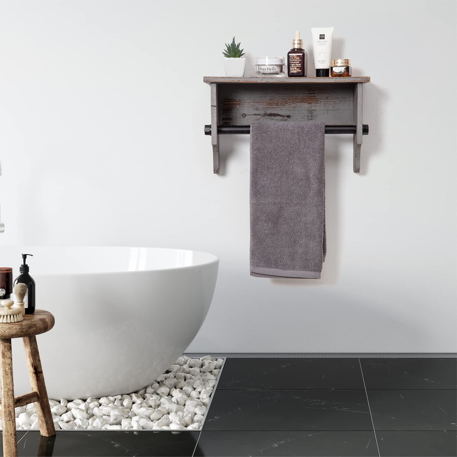 ExoLiry Wall Mounted Bathroom Towel Rack Torched Wood Rustic Brown Hanging Floating Shelf Industrial Black Metal Pipe Bar Restroom Organizer Robe Shampoo Body Wash Holder Clothing Kitchen Storage Home