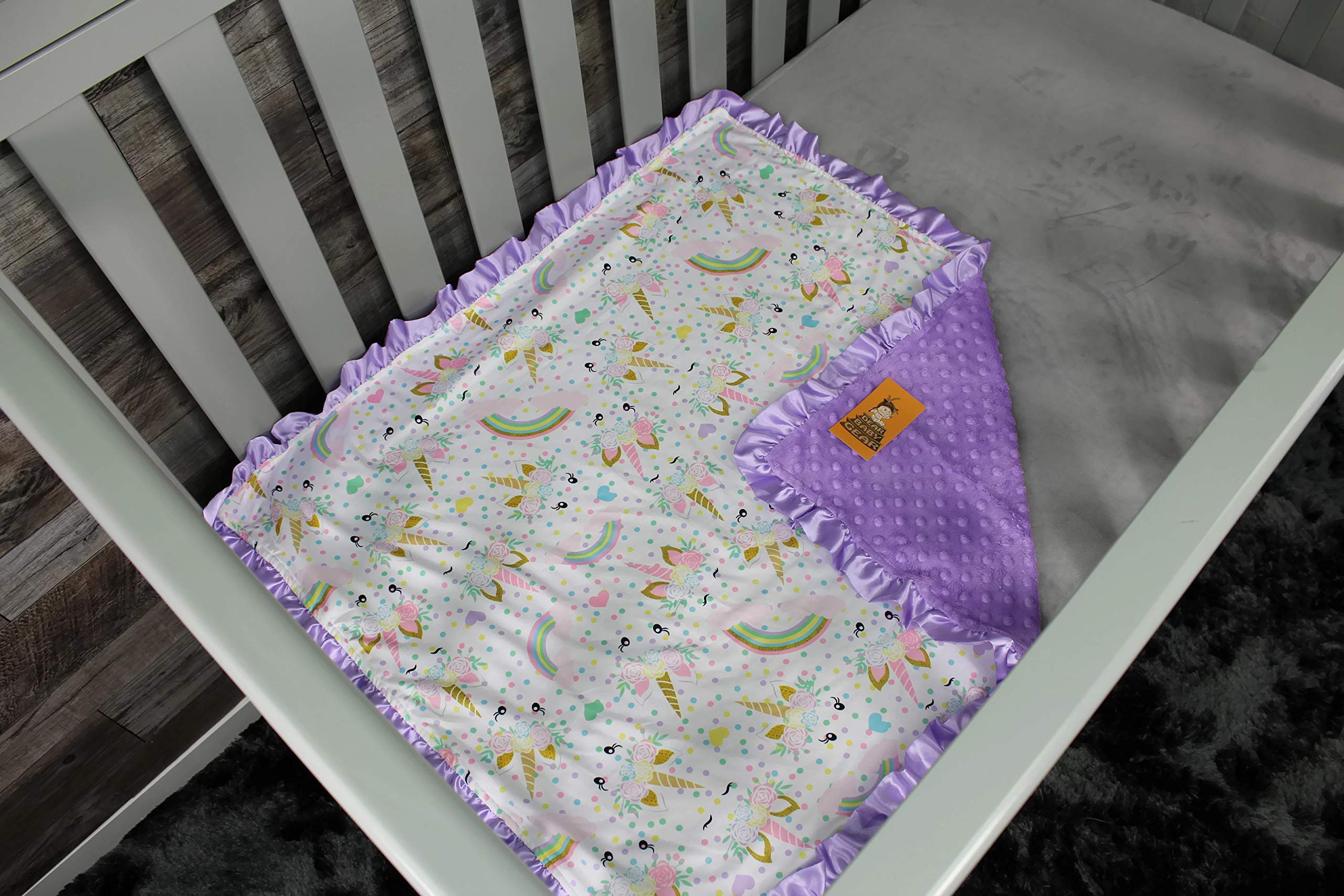 Dear Baby Gear Baby Blankets, Glitter Unicorn Pastel Rainbows, Lavender Minky, 32 Inches by 32 Inches