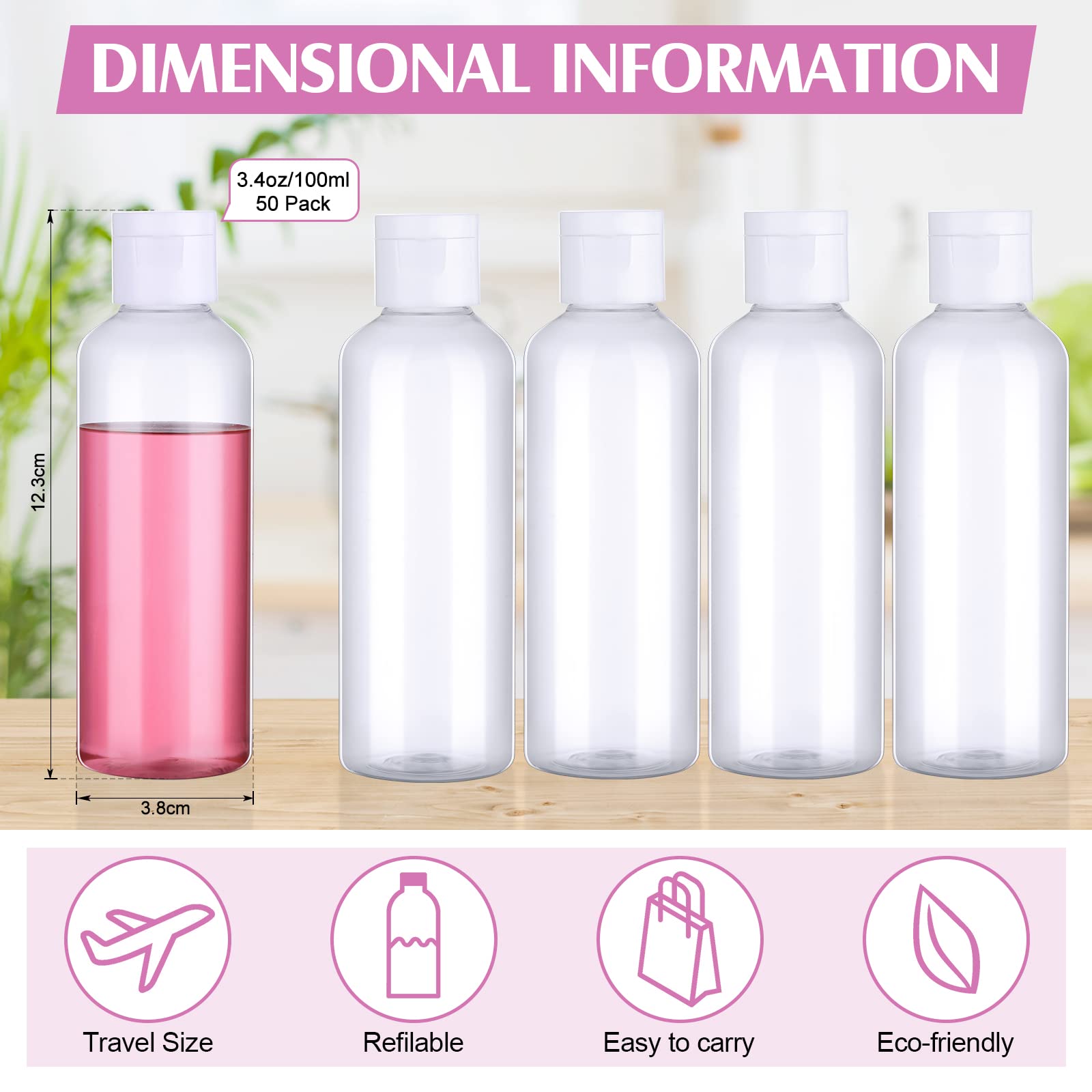 50 Piece 3.4 oz Travel Bottles with Flip Cap Clear Plastic Empty Bottles Refillable Flip Cover Dispensing Squeeze Bottles with 2 Funnels Portable Refillable Containers for Travel Size Liquid Cosmetics