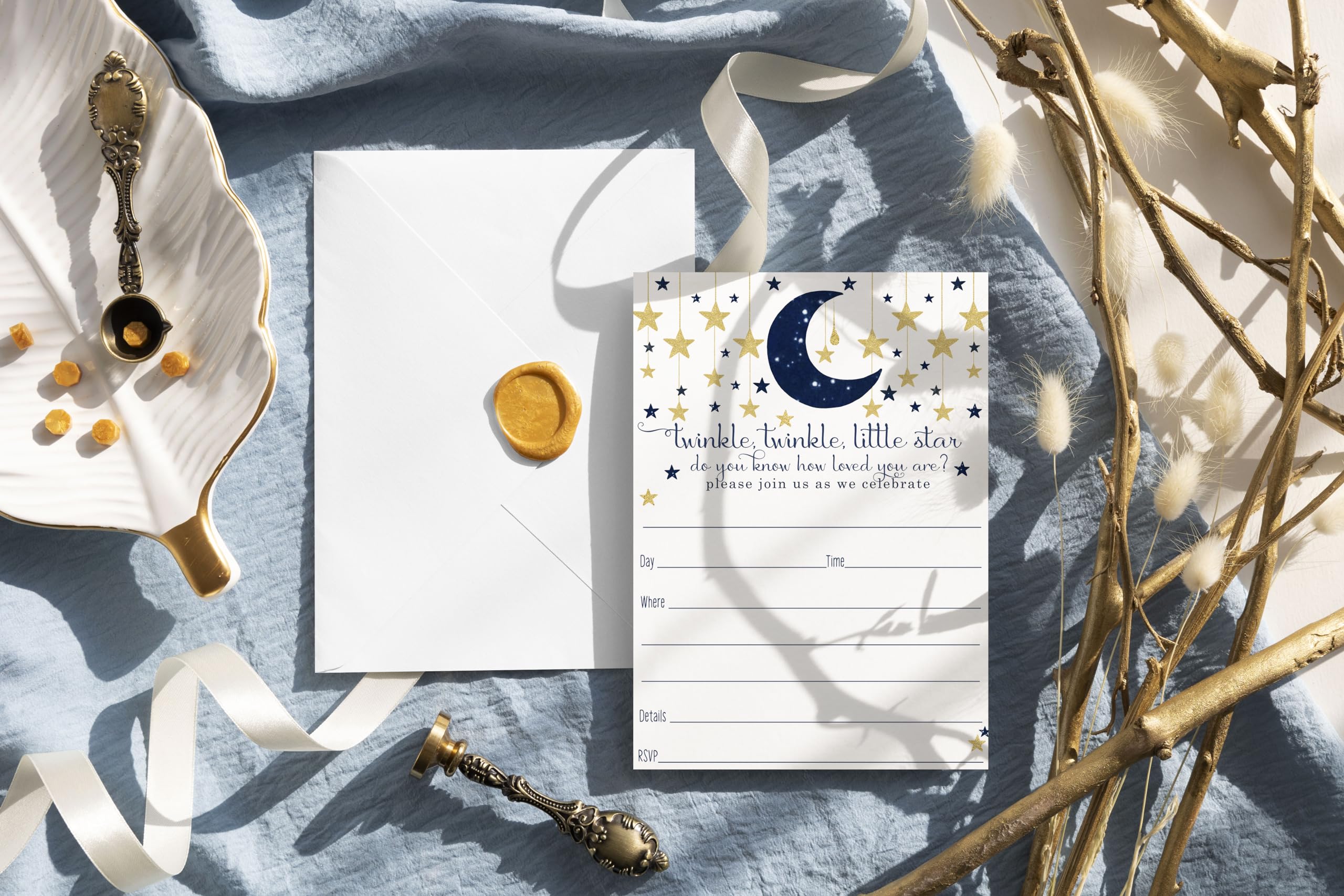 Twinkle Little Star Baby Shower Invitation Bundle (25 of Each) Blank Invites with Envelopes for Boys Diaper Raffle Insert and Bring a Book Insert Cards Set Navy and Gold Theme Celestial
