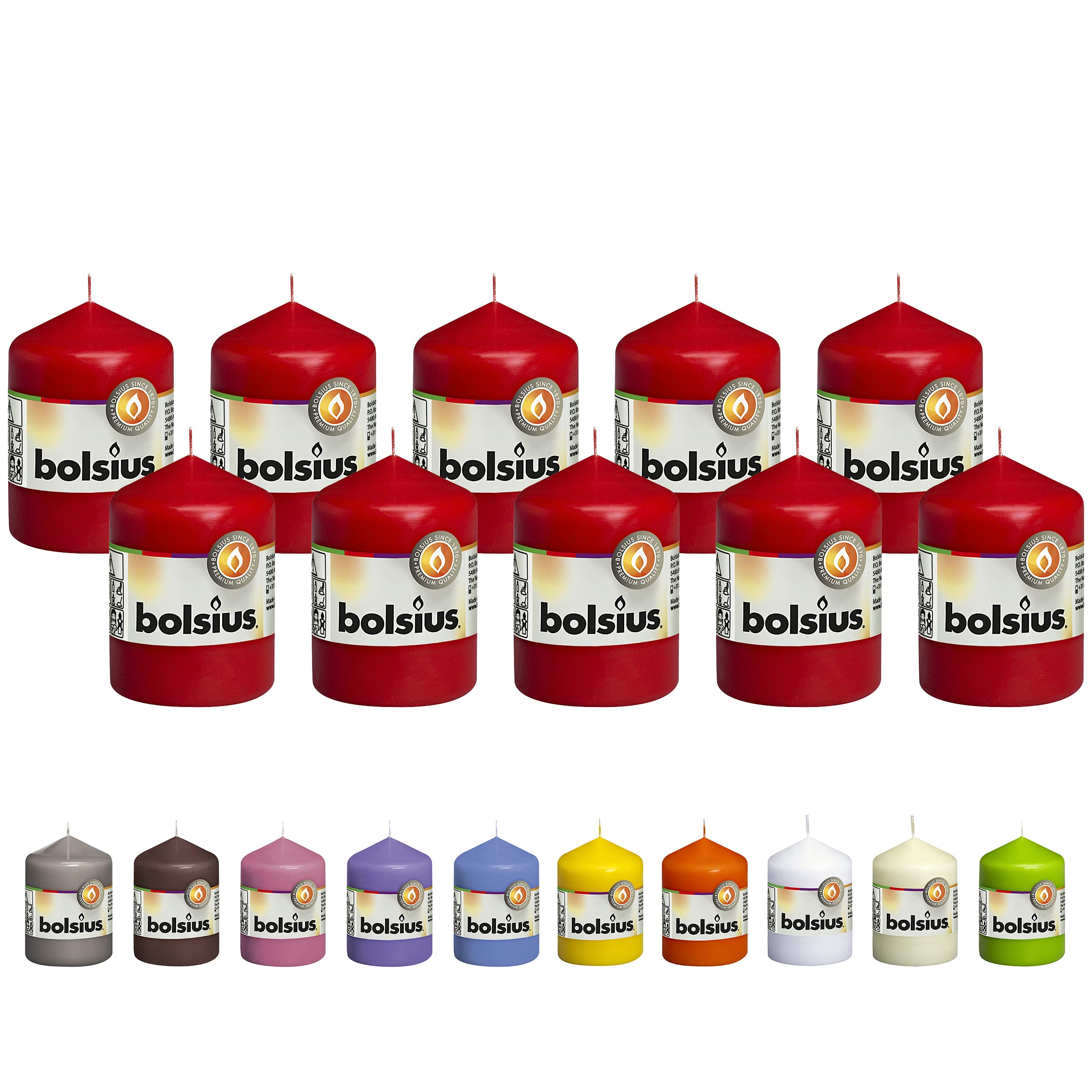 BOLSIUS 10 Red Pillar Candles - 2.25 x 6 Inches - Premium European Quality - Individually Wrapped - 42 Hours Burn Time - Dripless Smokeless Unscented Dinner, Wedding, Party, & Restaurant Candles