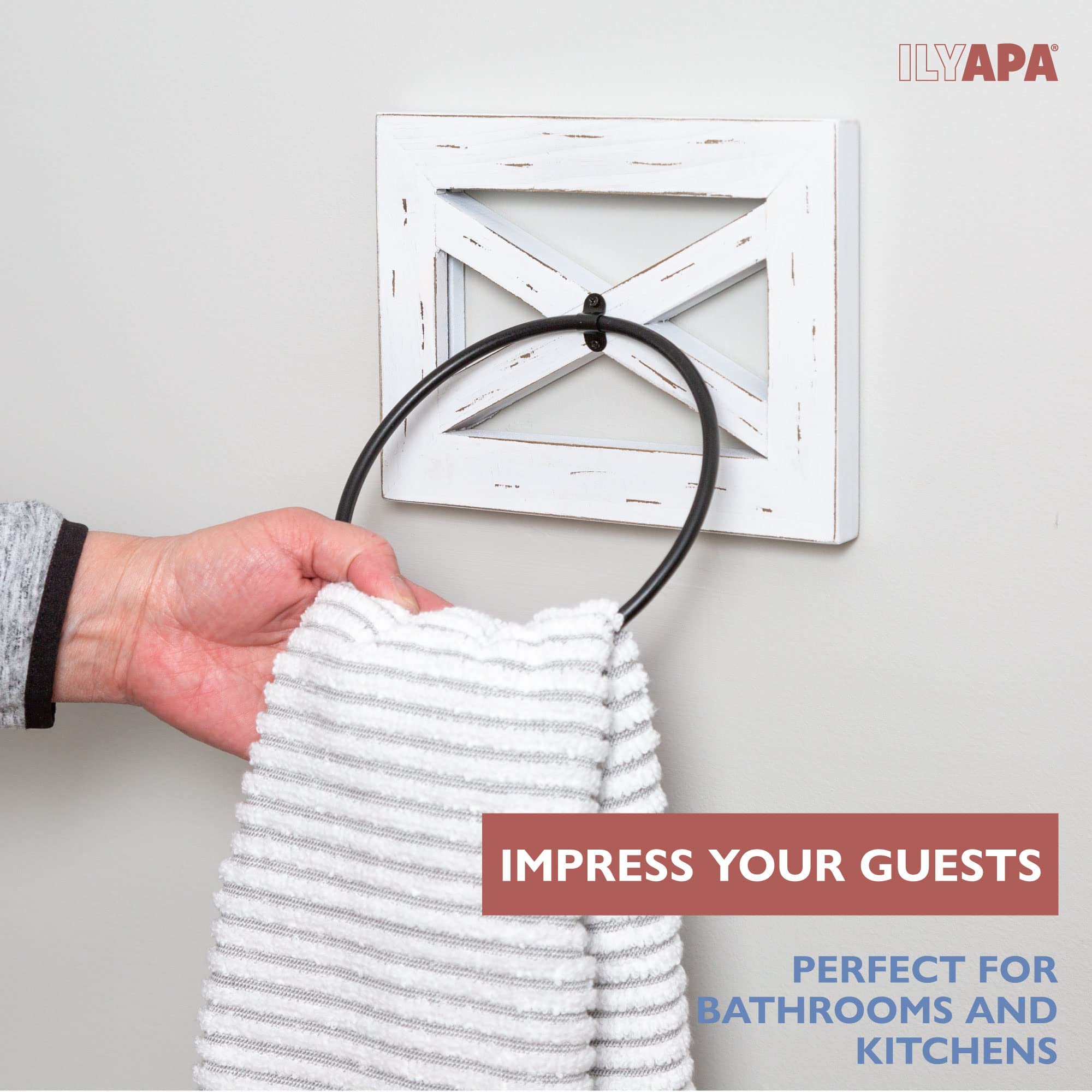 Ilyapa Rustic Hand Towel Ring for Bathroom- Wall Mounted Bathroom Hand Towel Holder - White Wood & Black Metal Ring, Farmhouse Decor