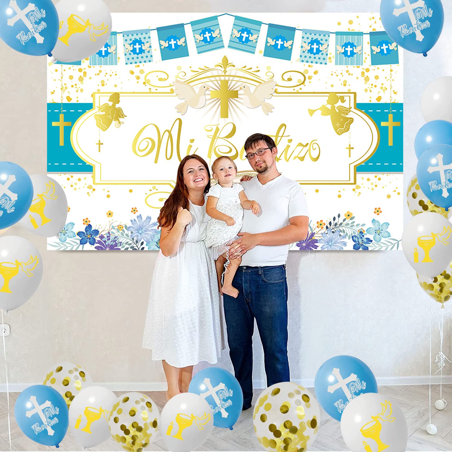 Mi Bautizo Decorations - Mi Bautizo Decorations for Boys with Baptism Backdrop Mi Bautizo Balloon Garland Kit First Communion Holy Christening Decoration God Bless Baby Shower Party Supplies