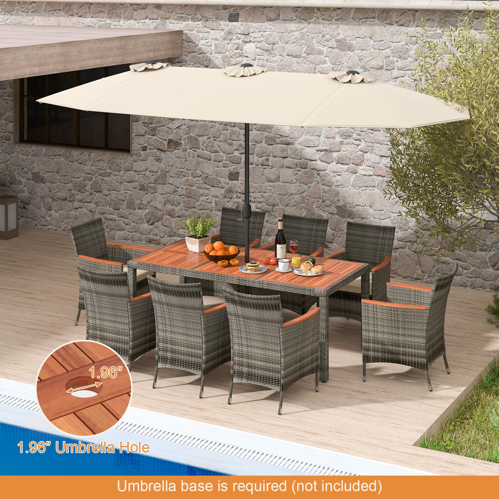 HAPPYGRILL 9 Pieces Outdoor Dining Set, Acacia Wood and Rattan Furniture Set with 1 Large Rectangular Table and 8 Chairs with Cushions, Patio Wicker Dining Table and Chairs Set