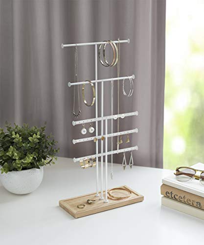 Umbra Trigem Tiered Tabletop Jewelry Organizer Freestanding Hanging Necklace, Earring and Bracelet Display, 5, White Natural