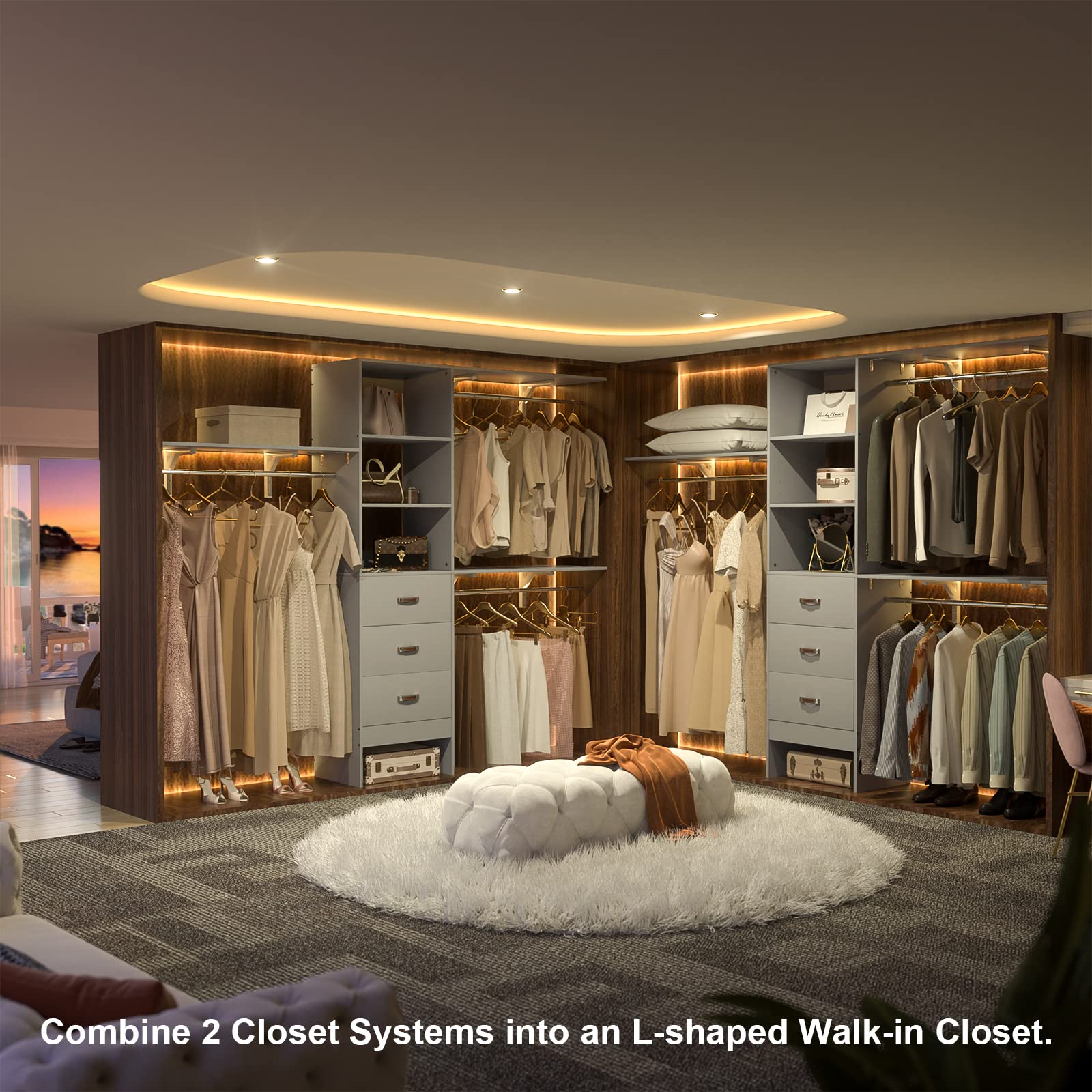 iSunirm 8FT Closet System, 96'' Closet Organizer System with 3 Hanging Rods, Wall Mount Bedroom Wardrobe with 3 Drawers Walk-in Closet, Adjustable Cloth Garment Rack from 5 to 8FT (Cut to Fit), Grey