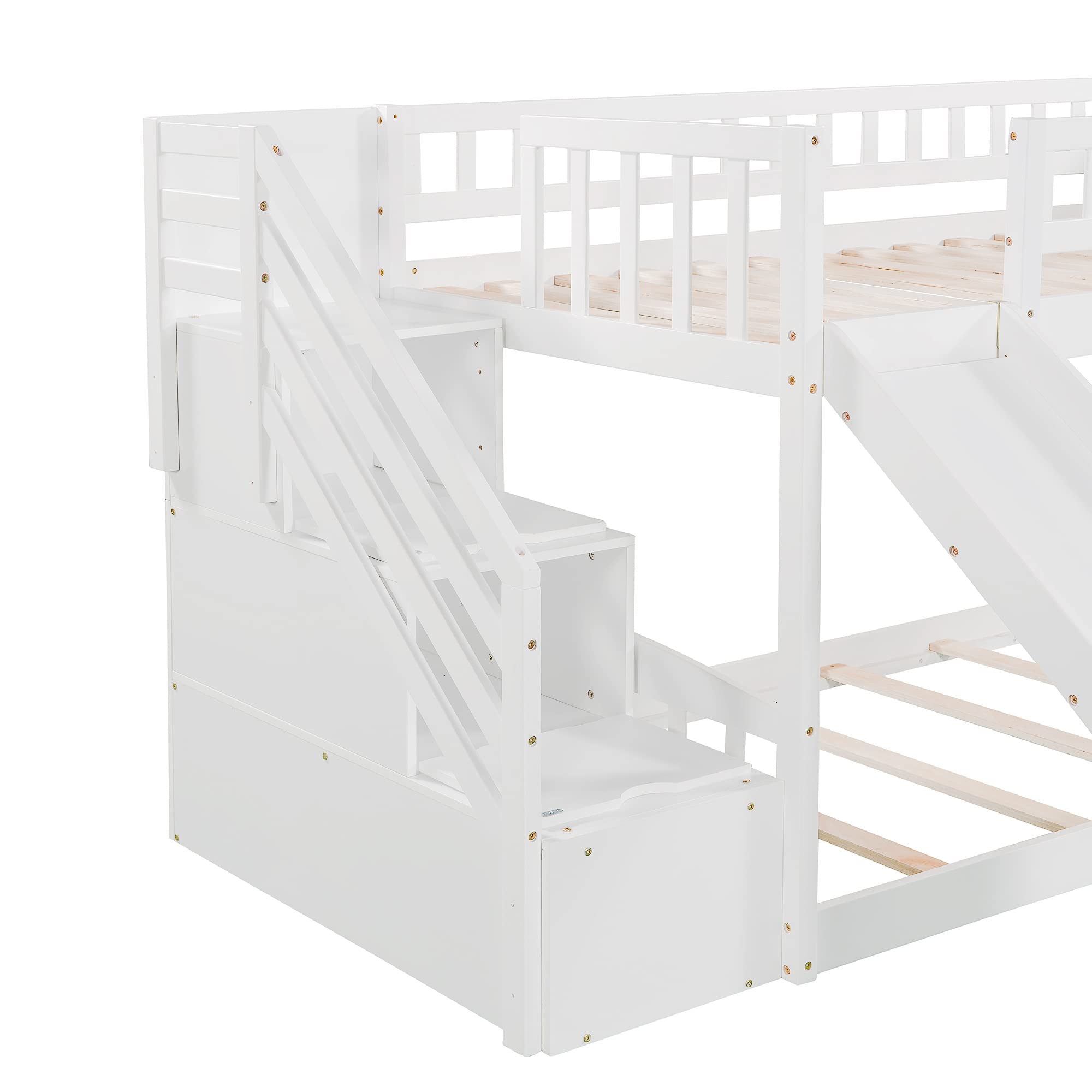 Harper & Bright Designs Twin Over Twin Bunk Bed with Slide and Guardrail, Floor Bunk Bed with Stairway/Two Drawers/Handrail, Space-Saving Bedroom Dormitory Furniture (White)