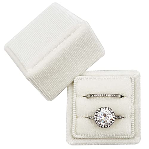 Beatilog Square Velvet Ring Box - Premium Handmade Small Ring Holder 2 Slots Vintage Wedding Double Rings Bearer Jewelry Storage Gift Case for Engagement, Ceremony, Proposal, Photography (Ivory)