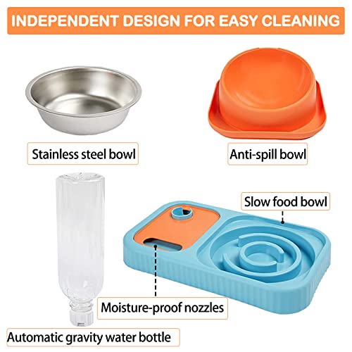 BNOSDM Triple Pet Bowl Cat Slow Feeder with Gravity Water Bottle Set, Detachable Stainless Steel Tilted Raised No Spill Dog Bowls for Cat Kitten Puppy