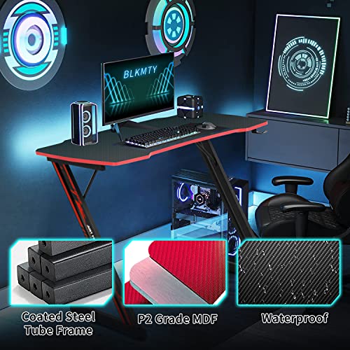 BLKMTY 47" Gaming Desk Z Shaped Gaming Desk Large Home Office Desks PC Computer Desk Workstation Study Desk Table Ergonomic Gamer Desk Wood Writing Desk with Headphone Hook for Game Player, Red