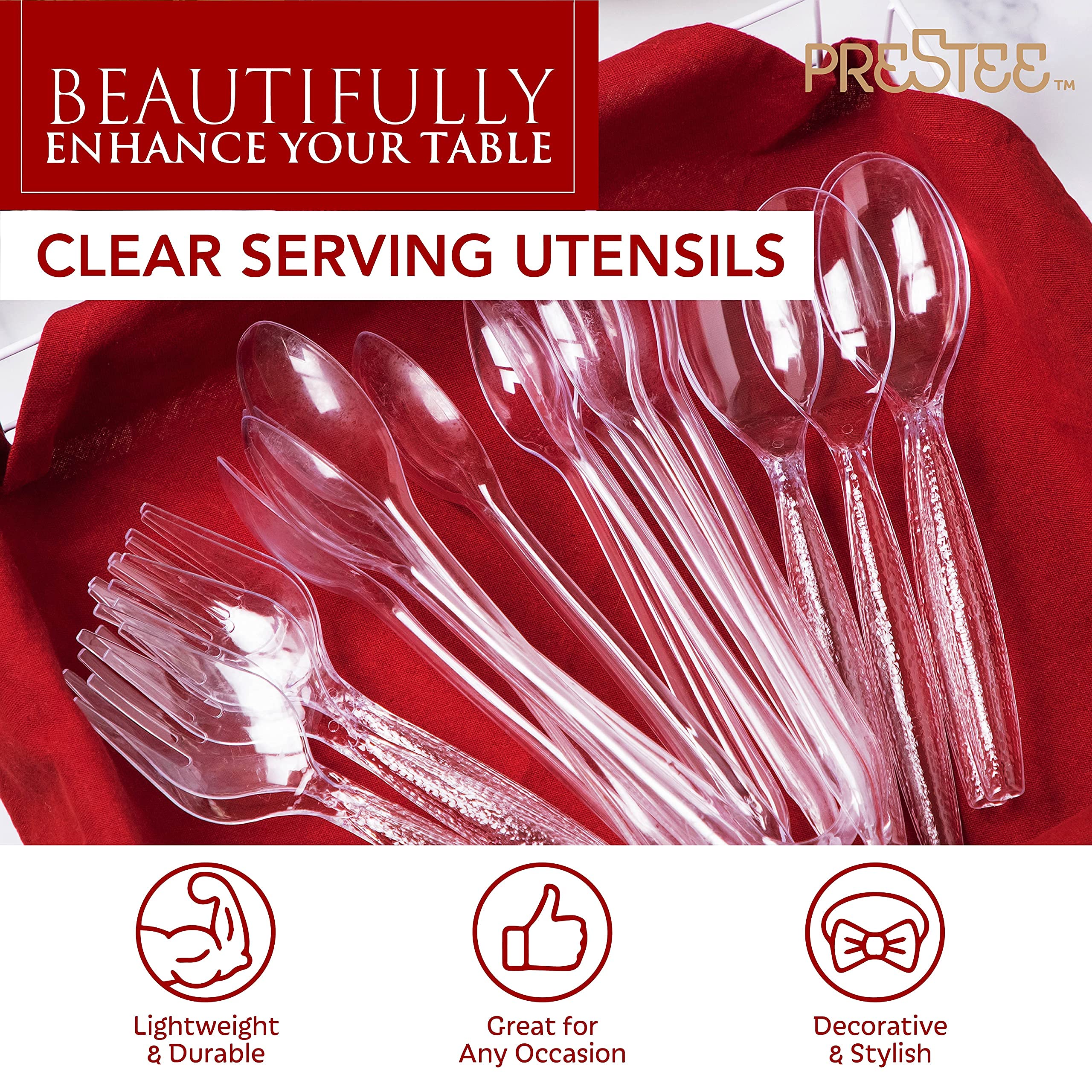 Prestee 15 Piece Transparent Plastic Disposable Serving Utensils Set - 10" Spoons, Tongs, Forks - Disposable Serving Trays and Platters for Kitchen Dining, Buffet Cutlery Sets, Serving Trays (15pk)