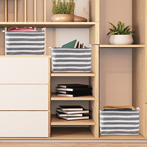 Consmos Rectangle Storage Baskets for Organizing Shelves Set of 3, Collapsible Canvas Storage Bins Nursery Hamper Toy Storage Organizer with Handles for Toys Books Clothes, Gray& White Stripe