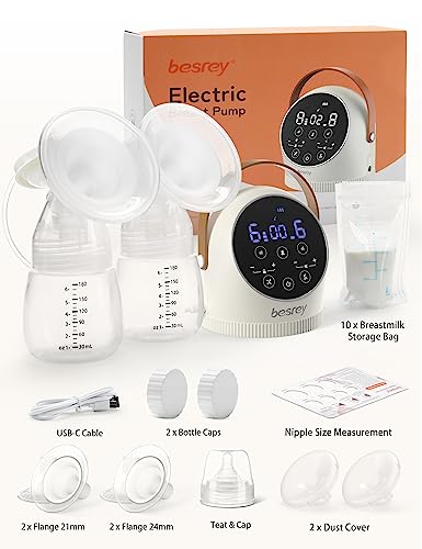 Besrey Double Electric Breast Pump: 200% EFFICIENT with Double Pump & Double Valve, 3 Modes 9 Levels, Memory Function, 10 Breastmilk Storage Bags & 21mm/24mm Flanges Breastfeeding Pump