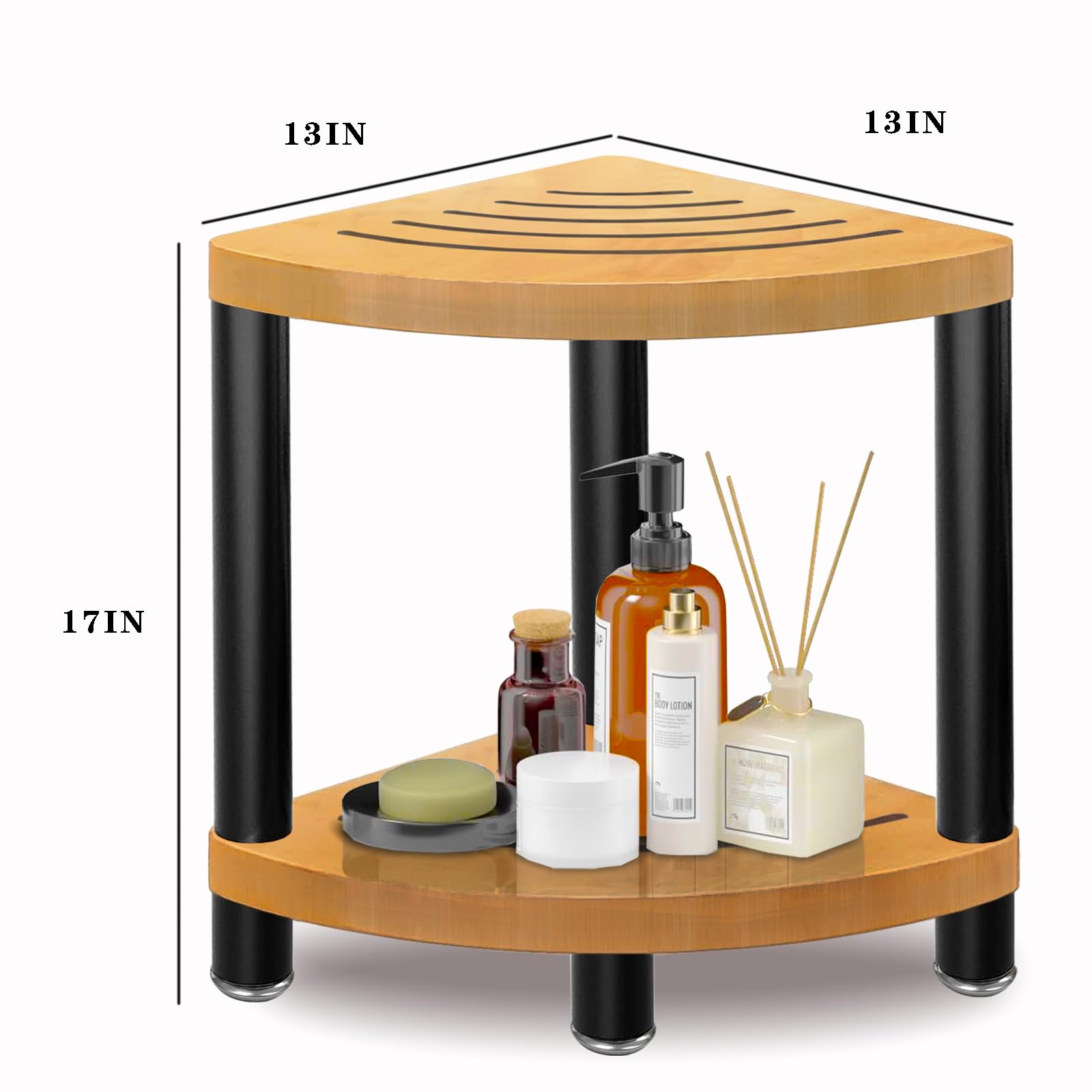 Corner Shower Bench with Storage Shelf,Waterproof Bamboo Corner Shower Stool for Shaving Legs,Sturdy and Non-Slip Shower Chair for Bathroom,Adjustable Feet Bath Step Easy Assemble Shower Seat (Black)