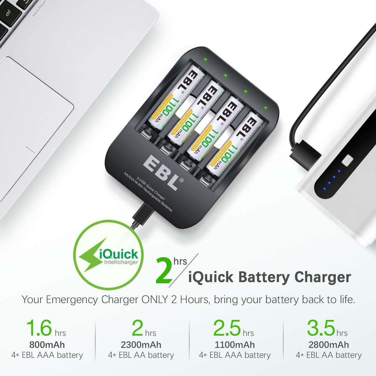 EBL Black Batteries Box Include : Rechargeable 8 AA Batteries + 4 AAA Batteries + 40Min iQuick Battery Charger and 2Pcs C/D Converters with Battery Storage Organizer