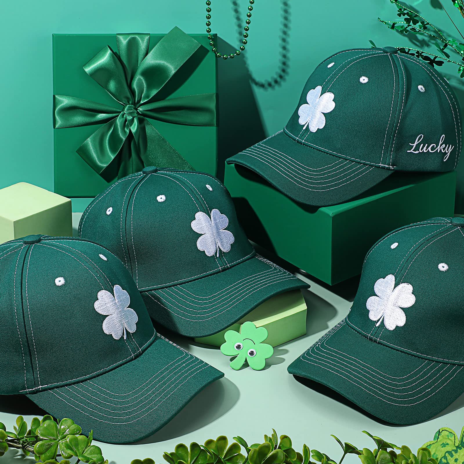 4 Pcs St. Patrick's Day Baseball Hat Shamrock Baseball Cap Irish Hat Clover Embroidered Hat Irish Gifts for Men Women (White)