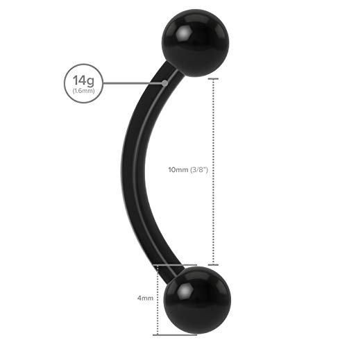 2pc 14g Black Dental-Grade Acrylic Curved Barbell 4mm Ball Eyebrow Belly Bar Lip Tragus Ring Piercing Jewelry - 10mm