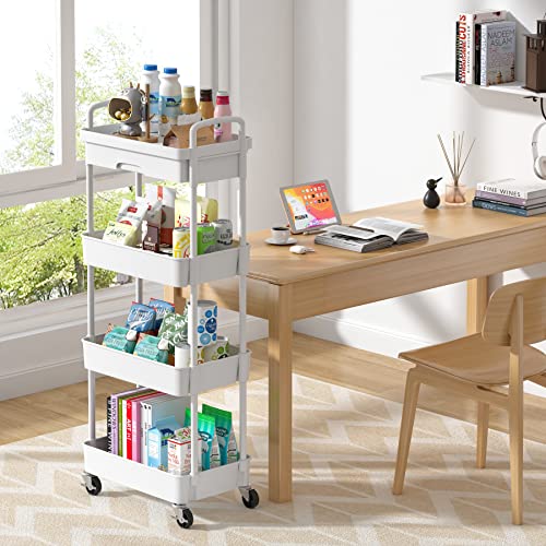 Dttwacoyh 4-Tier Rolling Cart,Trolley with Drawer, Kitchen Storage Organizer with Plastic Shelf & Metal Wheels, Storage Cart for Living Room, Kitchen, Office, Bathroom, White