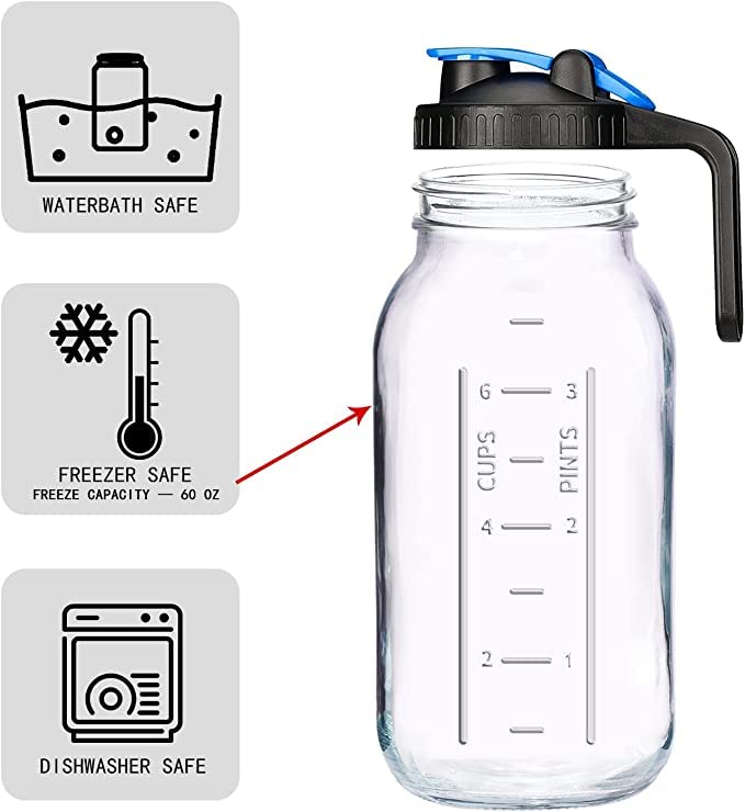 64 OZ Mason Jar Pitcher Wide Mouth 64 oz Mason Jar Pitcher with Airtight Lid and metal lid and band - 2 Quart Pitcher for Iced Tea, Sun Tea, Juice, Coffee (Blue)