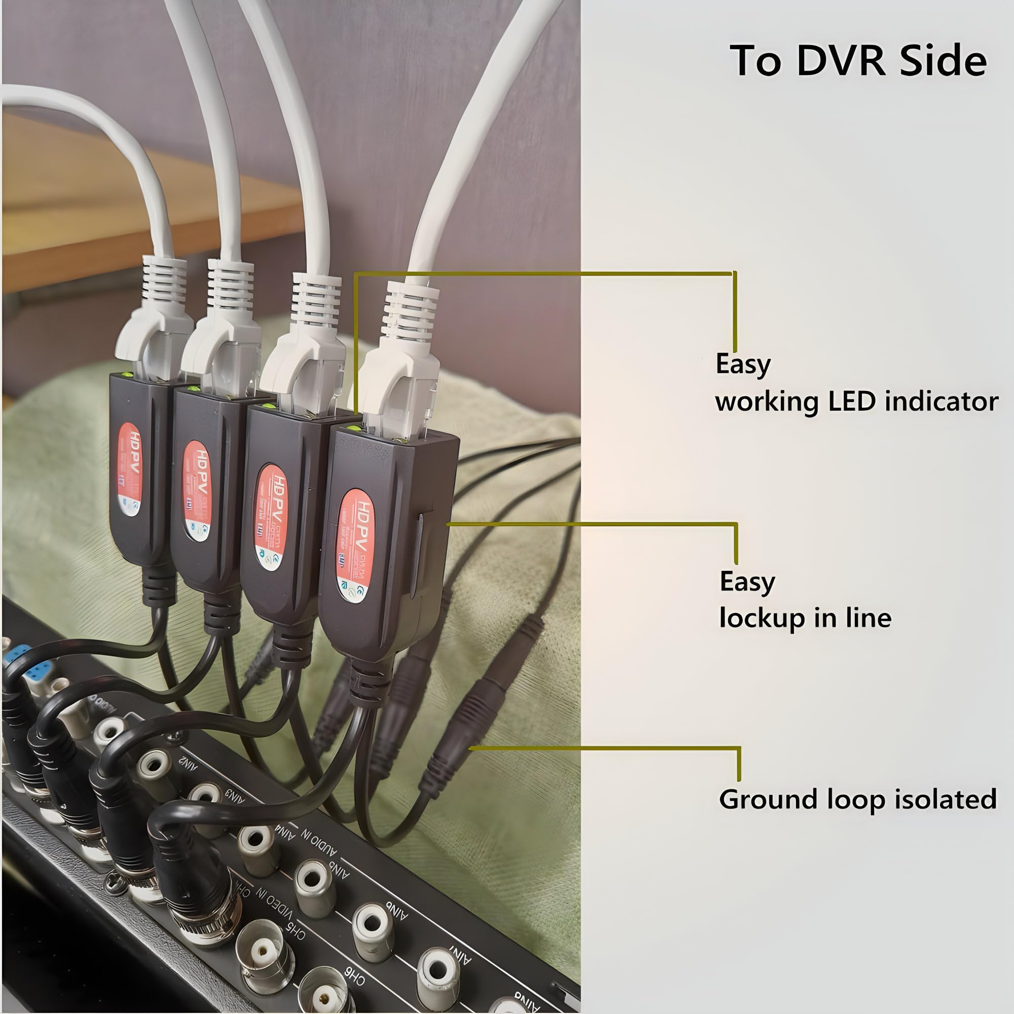 Igreeman 4 Pair Passive Video Balun BNC to RJ45 Adapter with Power, Ground Loop Isolated HD Analog Security Camera Ethernet Cable Transceiver, Cat5e/Cat6 Cable to BNC Converter - Compact