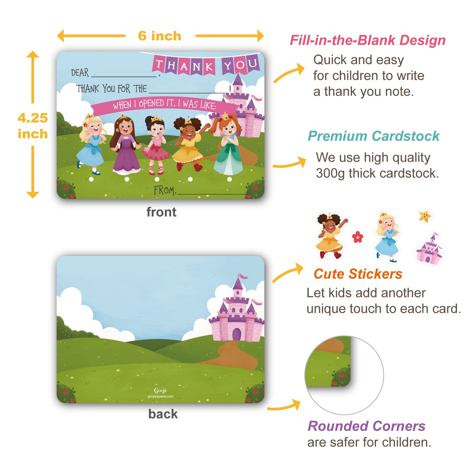 Gooji Colorful Princess Thank-You Cards, 4.25x6, 25 Cards, Customizable