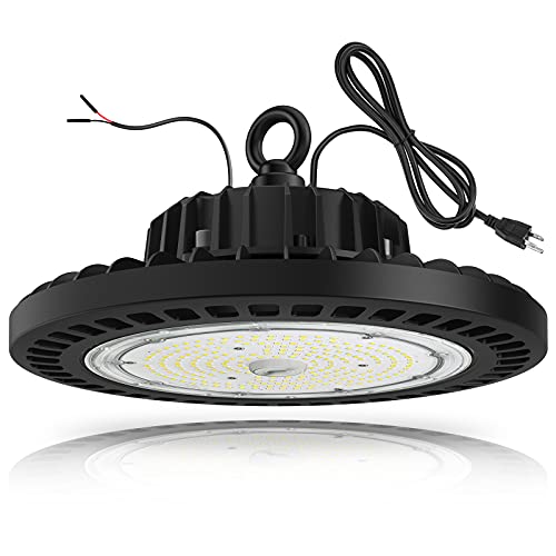TREONYIA LED High Bay Light 150W 21,000LM 5000K CRIā„80 ETL&DLC Listed, UFO LED Shop Light 5' Cable with US Plug, for Commercial Warehouse Wet Location Shop Garage Factory Area Lighting Fixture