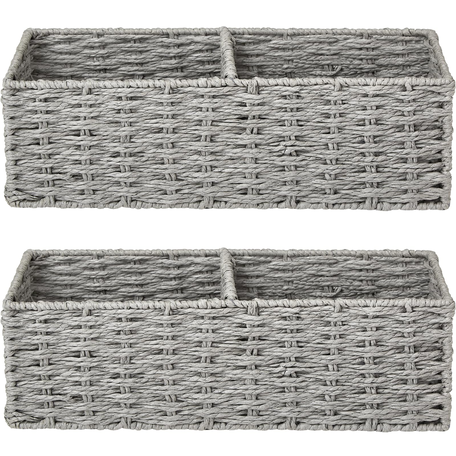 Vagusicc 2-Section Wicker Storage Basket, Hand-Woven Paper Rope Wicker Baskets,Toilet Paper Basket for Toilet Tank Top, Small Wicker Baskets for Organizing, 2-Pack, Grey