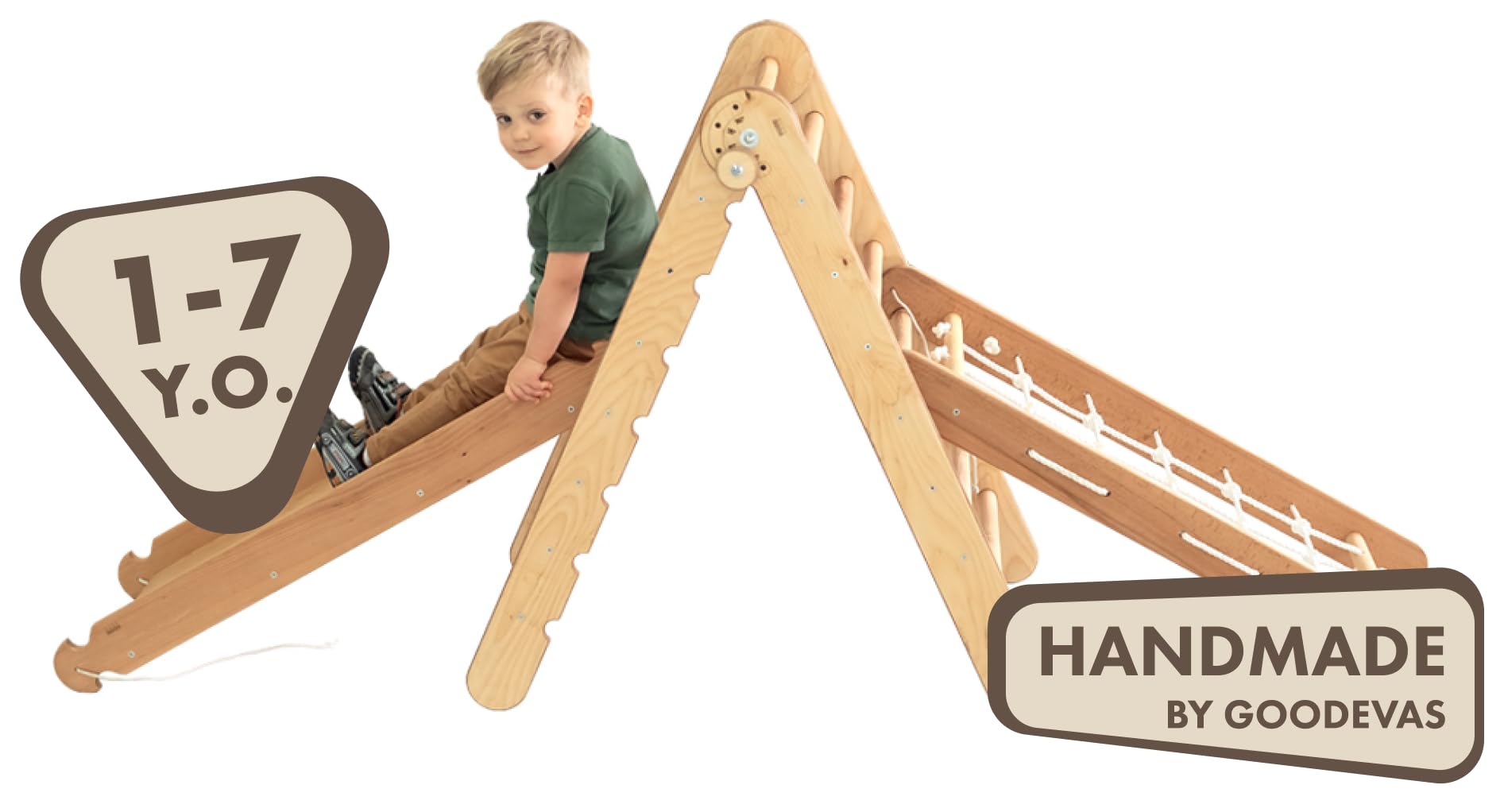 Set 3 in 1 Wooden Triangle Ladder + Climbing Net + Board Slide with Ramp, Montessori Play Gym for Toddlers - Kids Indoor Playground, Aged 6 Months to 7 Years