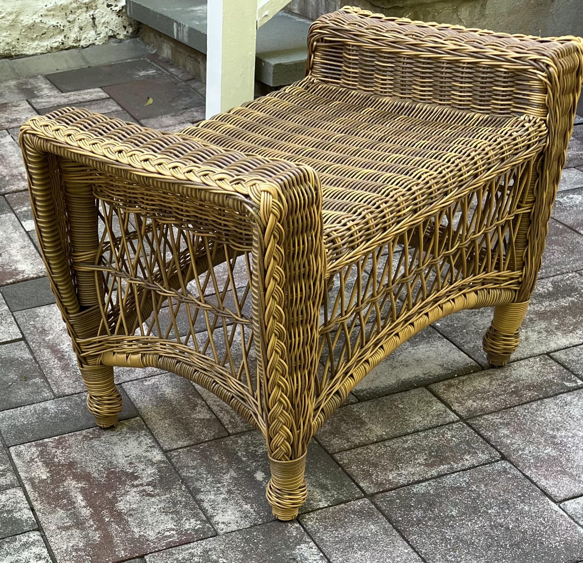 Honey Brown Wicker Patio Ottoman - Outdoor All Weather Wicker Footstool - Resin Aluminum Framed Bench - Cape Cod Style