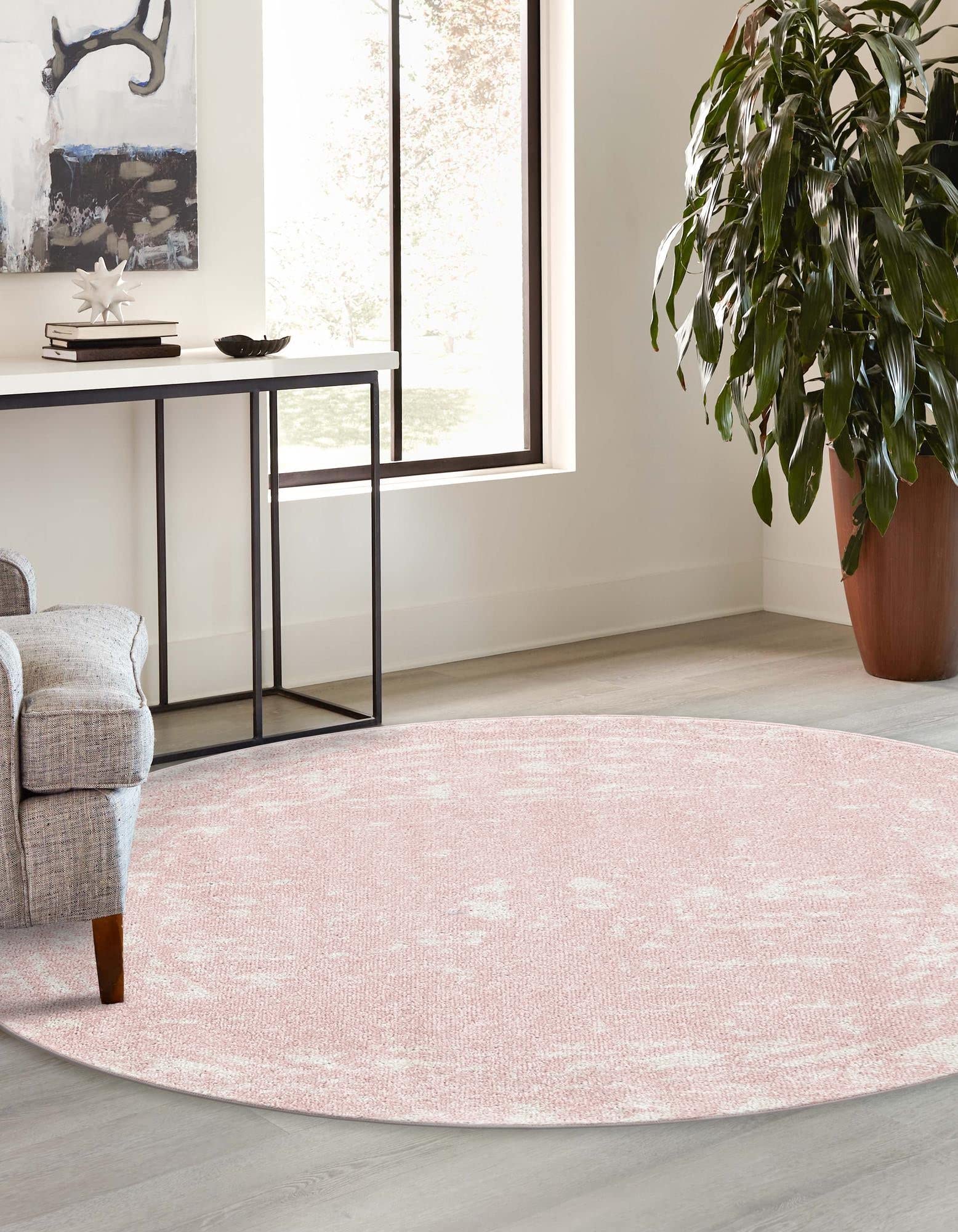 Unique Loom Lennon Collection Area Rug - Zal (4' 1" Round, Pink/ Ivory)