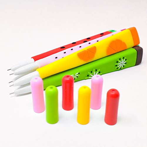 Fruit Shaped Pens Set of 6 and Reusable Mason Jar Pouch, Silky Smooth Fine Tip Black Gel Ink Pens, Quality Molded Silicone Creates Whimsical Stationary for Office, School or Gift (1 Pack)