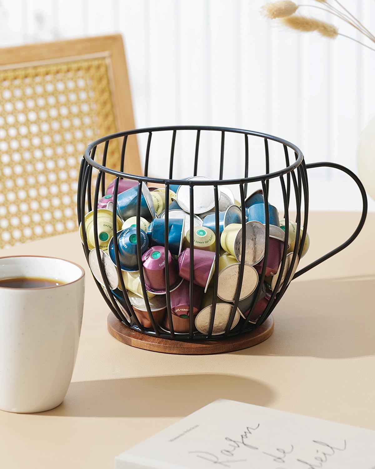 getstar Coffee Pod Holder, Large Black Wire Coffee Bar Accessories with Acacia Wood Base