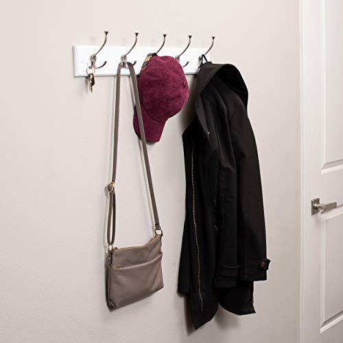 BIRDROCK HOME Tri Hook Coat Rack - 5 Hooks - Wall Mount Hat Rack - White Finish - Satin Nickel Hooks