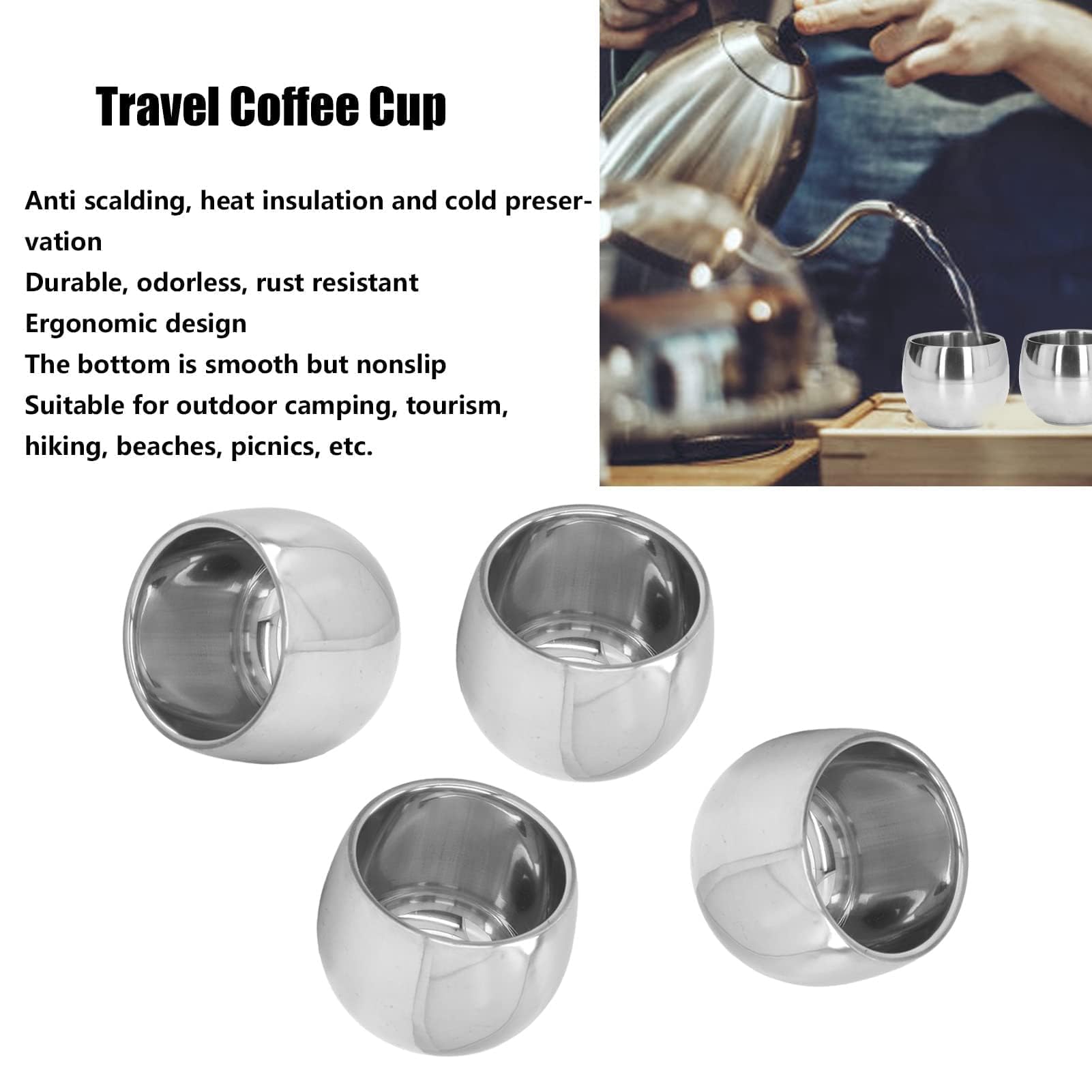 4Pcs Stainless Steel Coffee Cup, Coffee Mugs Camping Cup Double Walled Insulated Coffee Mug Reusable Metal Espresso Cup Mug Tea Cups