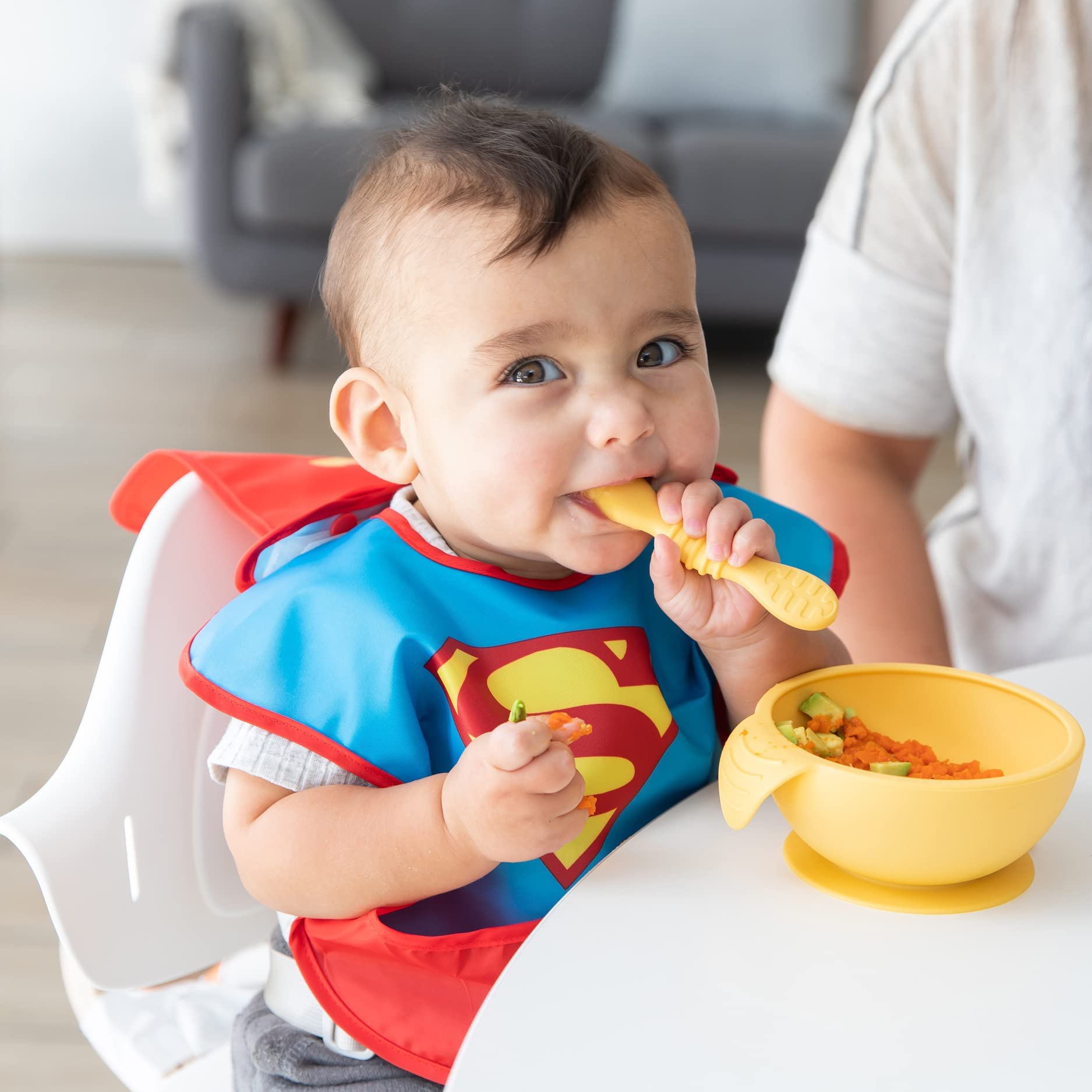 Bumkins Bib for Girl or Boy, Baby and Toddler for 6-24 Months, Essential Must Have for Eating, Feeding, Baby Led Weaning, Mess Saving Waterproof Soft Fabric, SuperBib with Cape, Superman DC Comics
