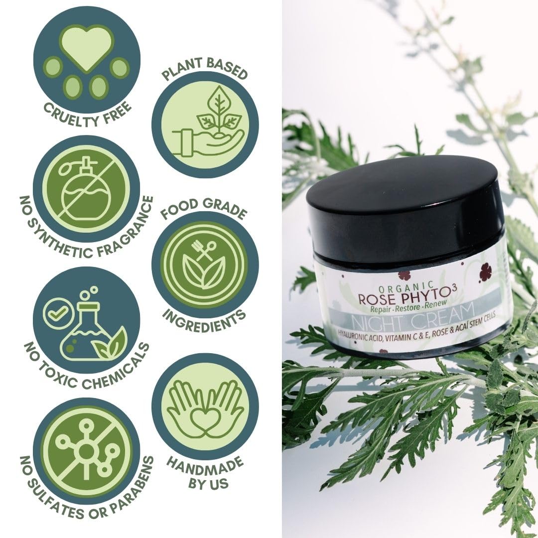 Peak Scents Organic Rose Phyto³ Night Cream with Hyaluronic Acid - Anti-Aging Face Moisturizer for Women - Wrinkle Cream with Rose Water, Vitamin C & E, and Acaí Stem Cells (2 fl. Oz)