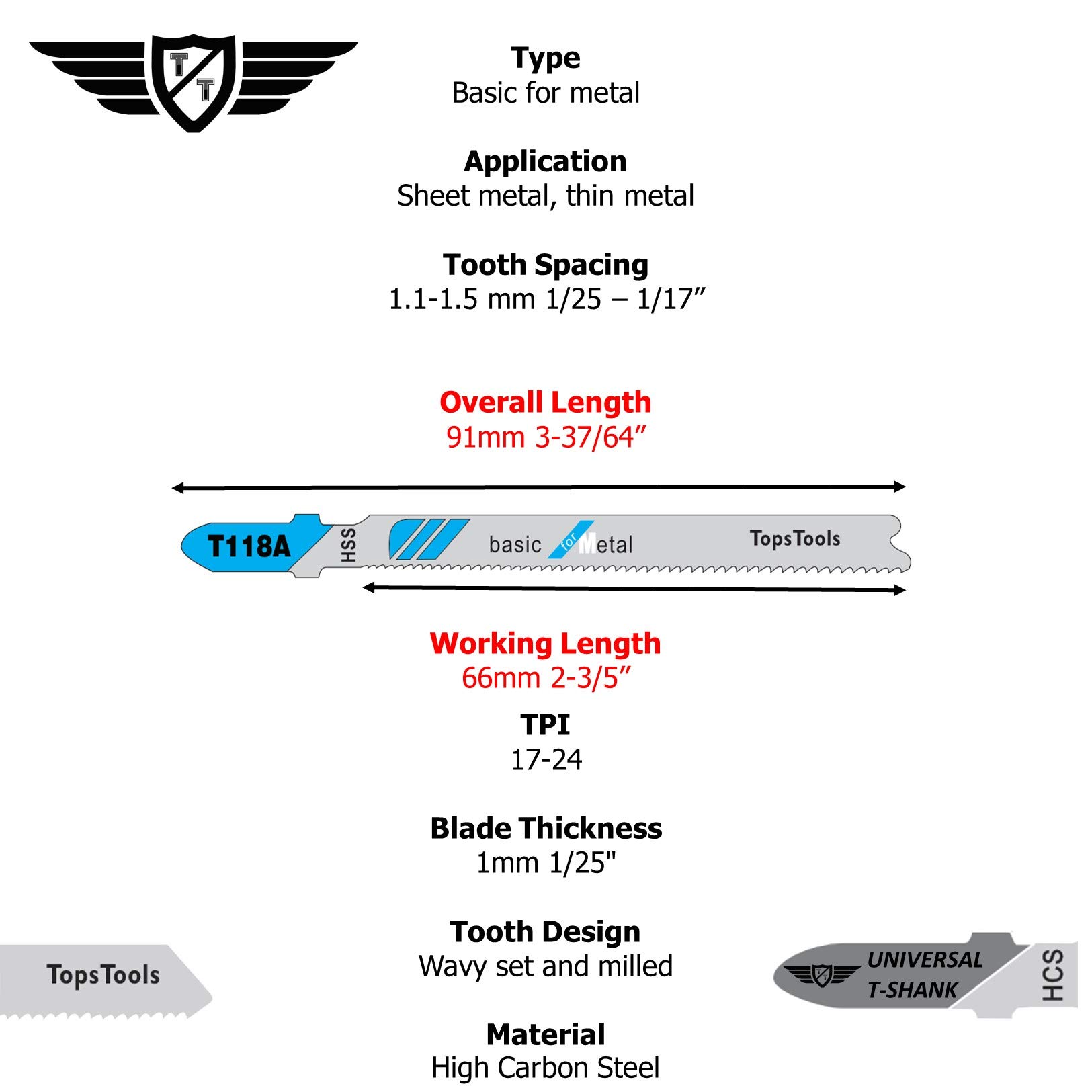 25 x TopsTools T118A Metal Cutting Jigsaw Blades Compatible with Bosch, Dewalt, Makita, Milwaukee and many more