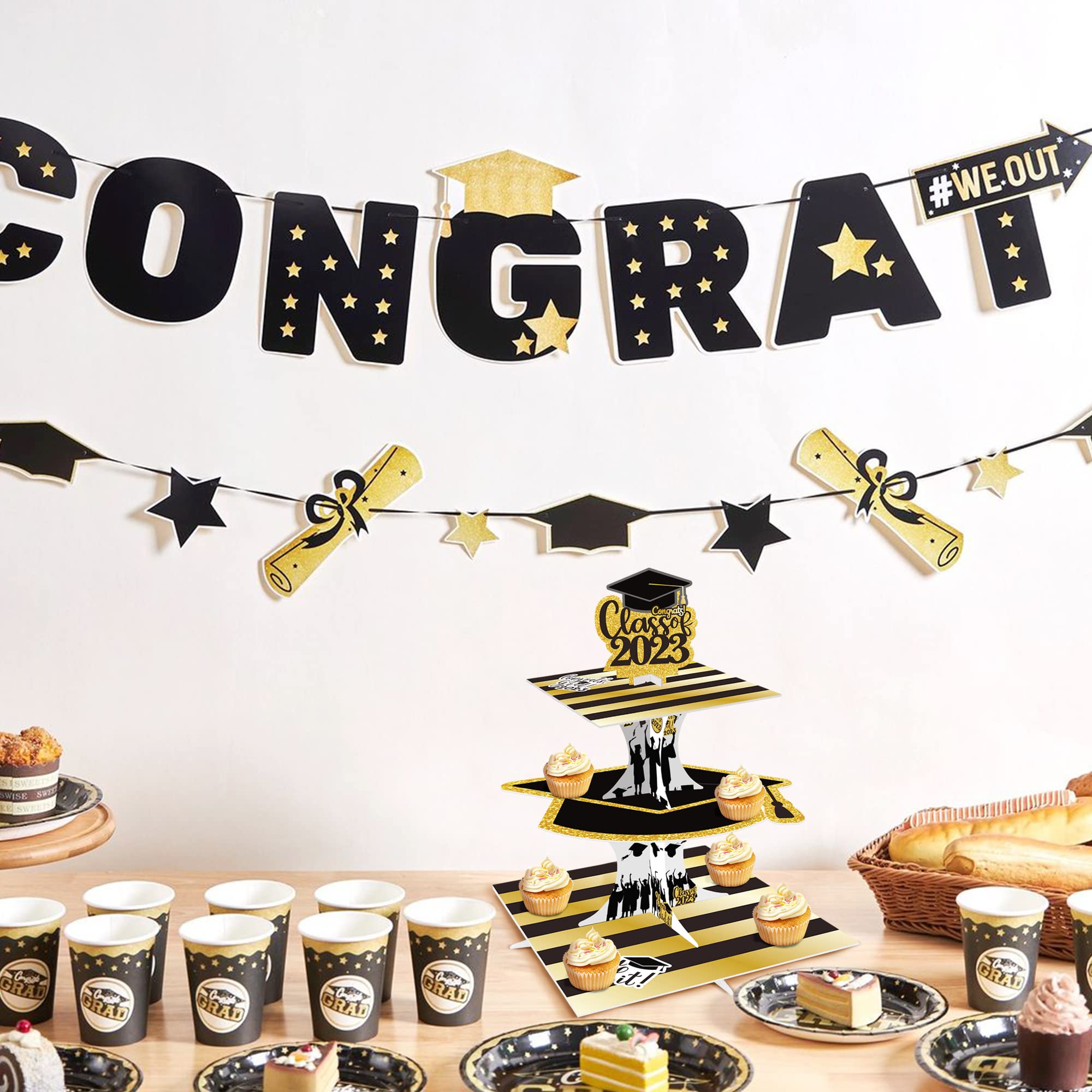 2023 Graduation Cupcake Stand for Graduation Party Decorations Supplies 3 Tier Class of 2023 Cardboard Dessert Stand for 24 Cupcake Toppers Picks