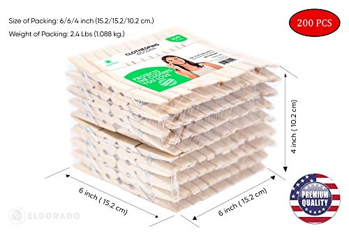 Eldorado Clothespins, Standard Natural Wooden, Stain Proof, 3 inch, 200 Value Pack, for Multipurpose Everyday Laundry, Clothes, Towels, Craft, Photos, Pictures, Decor, Baby Shower, Art Wall