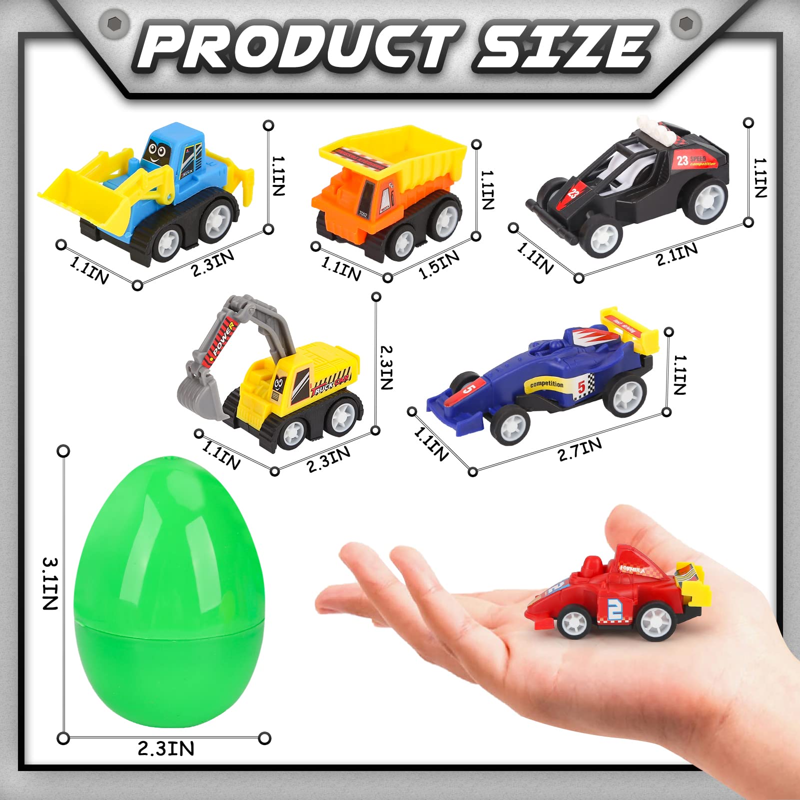 Easter Eggs Prefilled with 12 PCS Dinosaur Toys Figures, Colorful Easter Egg Fillers, Cake Toppers, Easter Basket Stuffers Toy Gifts Party Favor for Kids (Pull Back Cars)