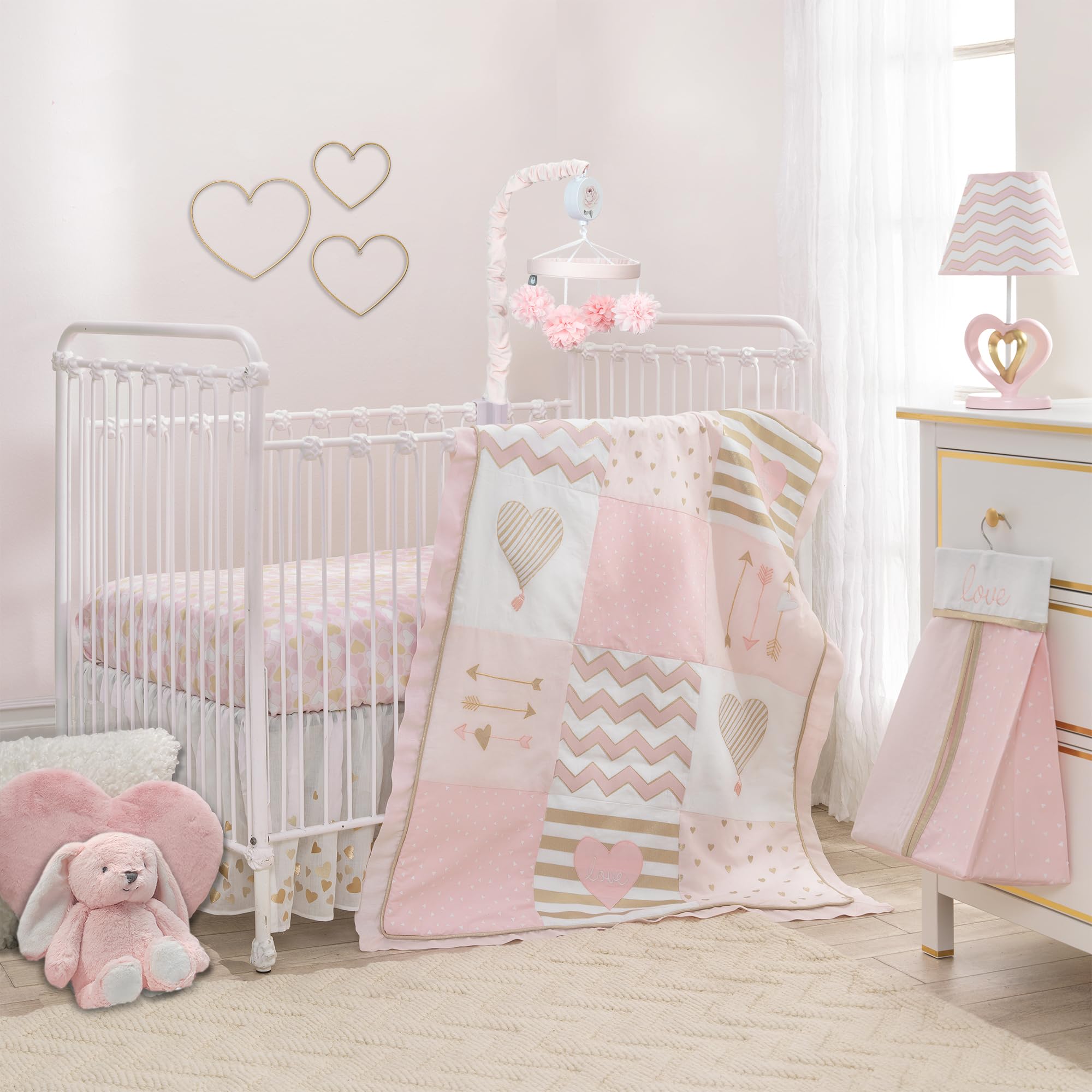 Lambs & Ivy Baby Love Lamp with Shade & Bulb - Pink/Gold/White Heart and Chevron